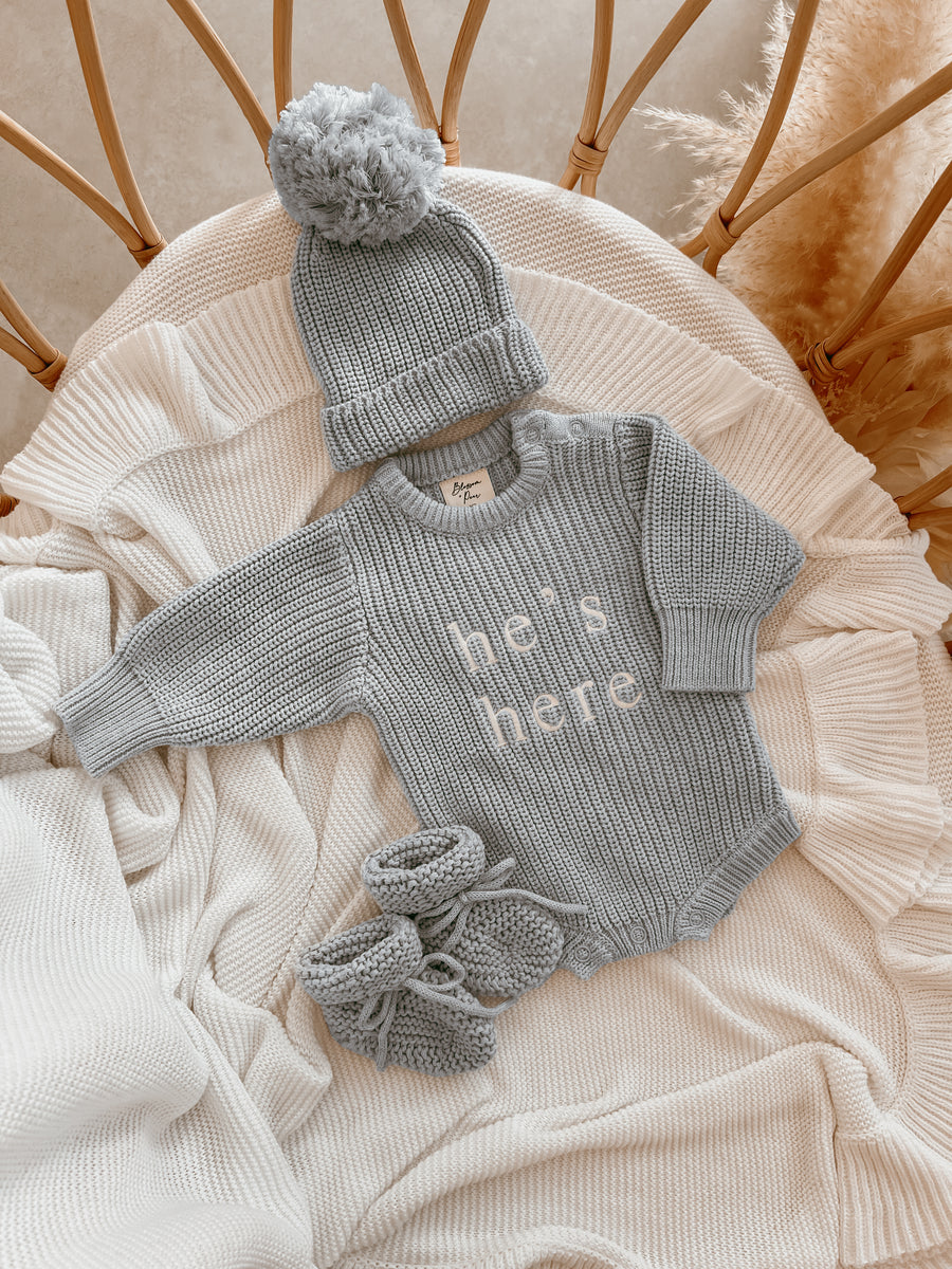 PRE-ORDER 'He's Here' Powder Blue Long Sleeve Knit Romper (NB pre-orde ...