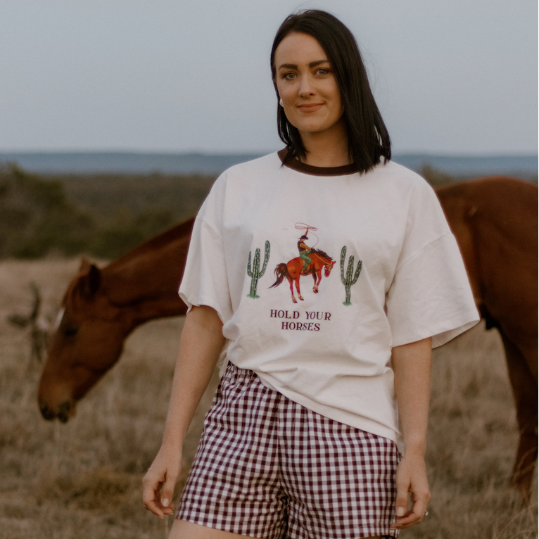 ALMOST PERFECT Ladies 'Hold Your Horses' Tee (M) – Blossom and Pear