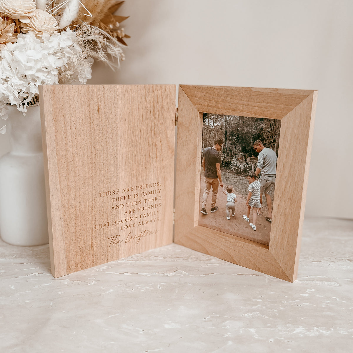 'Friends & Family' Quote Personalised Wooden Photo Frame – Blossom and Pear